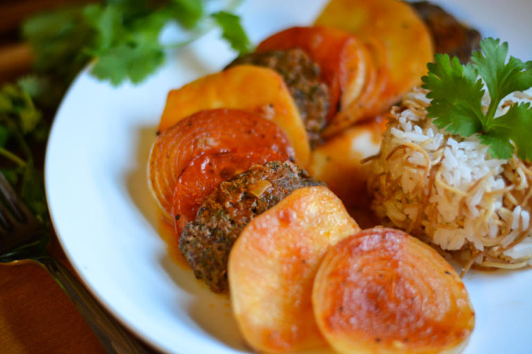 Baked Kafta and Potatoes - Simply Lebanese